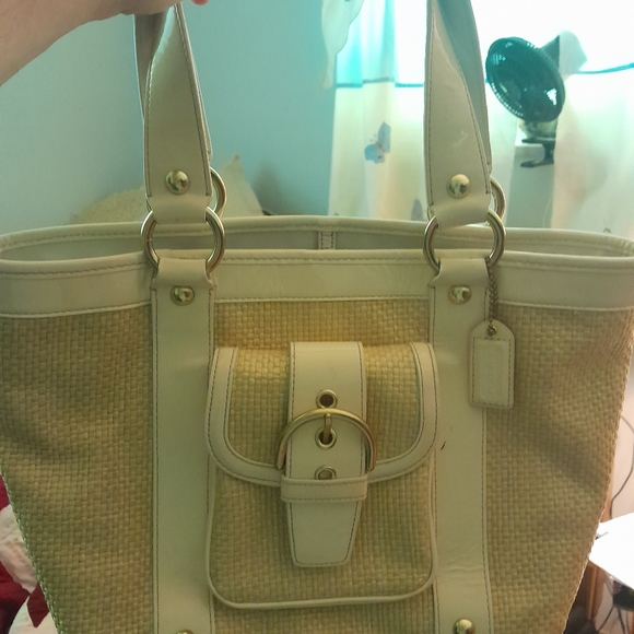 Coach | Bags | Coach Mo768f1684 Legacy White Leather Woven Straw Purse ...